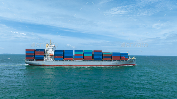 Side view of Cargo Container Ship, on beautiful blue sky. Container ...