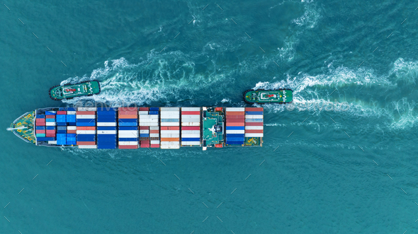 Cargo Container Ship running with with Tugboat. container ship import ...