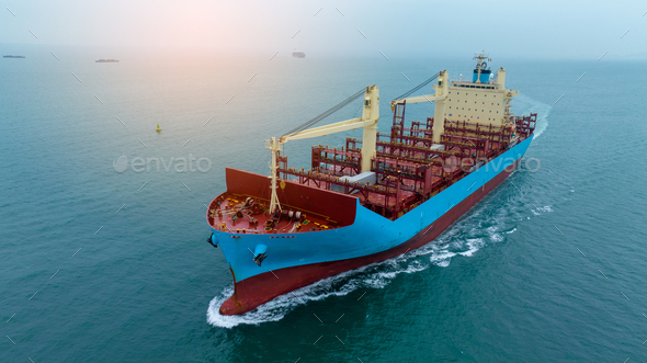empty caro container ship in the ocean, Aerial view of empty container ...