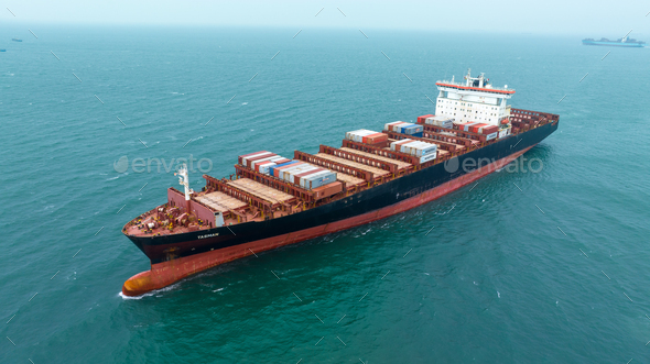 empty caro container ship in the ocean, Aerial view of empty container ...