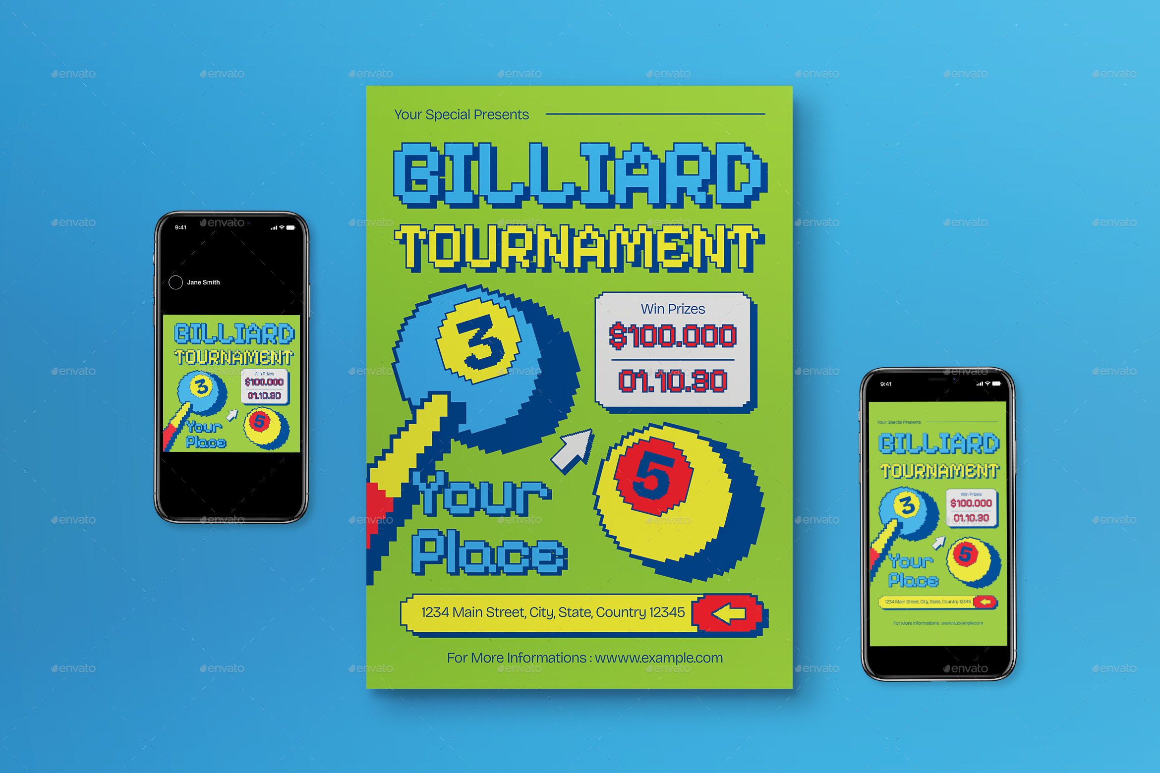 Green Y2K Pixelated Billiard Tournament Flyer Set, Print Templates