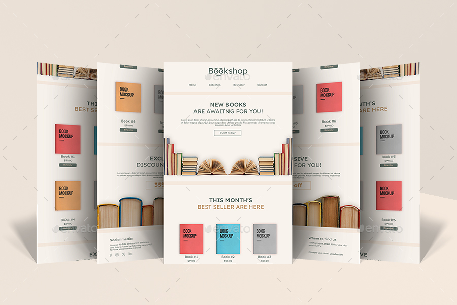 Book Shop or Library Email Newsletter PSD Template, Web Elements ...