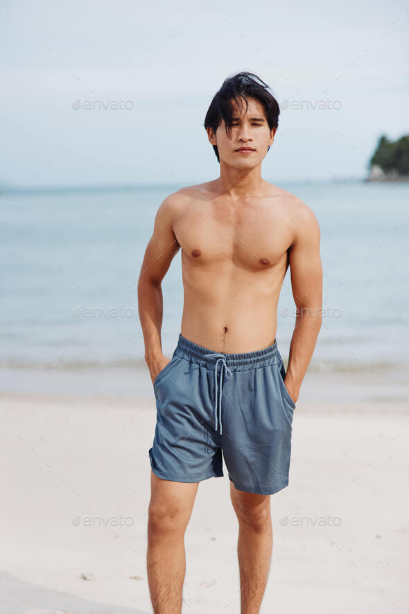 Active Asian Athlete Enjoying Beach Cardio Workout at Sunset Stock ...