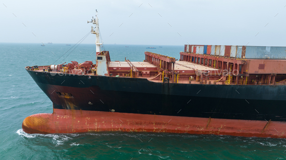 empty caro container ship in the ocean, Aerial view of empty container ...