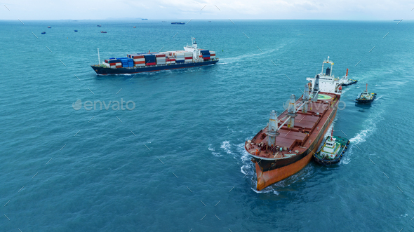 Cargo Container Ship running with with Tugboat. container ship import ...