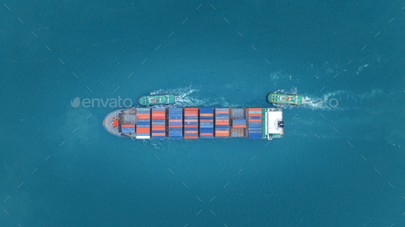 Cargo Container Ship running with with Tugboat. container ship import ...