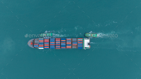Cargo Container Ship running with with Tugboat. container ship import ...
