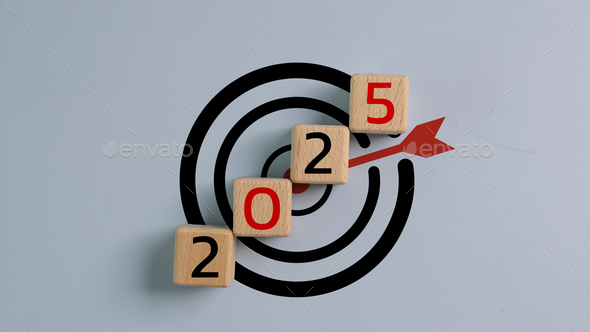 2025 Year on wooden cubes with target icon. Goal, Target, Resolution ...