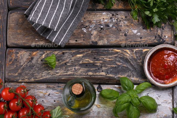wooden food background with herbs and fresh vegetables Stock Photo by ...