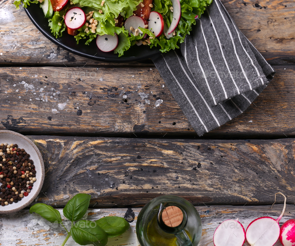 wooden food background with herbs and fresh vegetables Stock Photo by ...