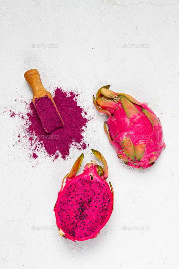 Pitaya powder , dragon fruit, freeze-dried powder , top view, no people ...