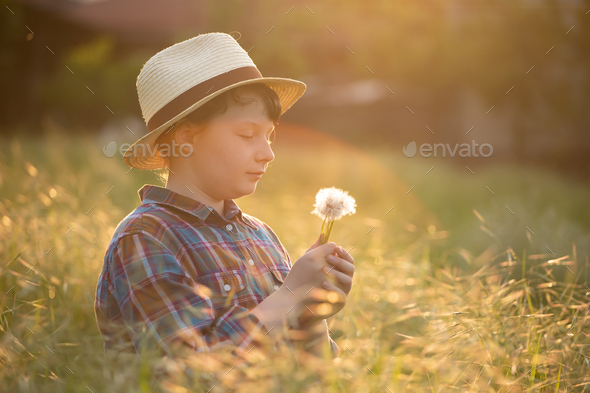 Cute little girl having fun in a dandelion field Stock Photo by erika8213