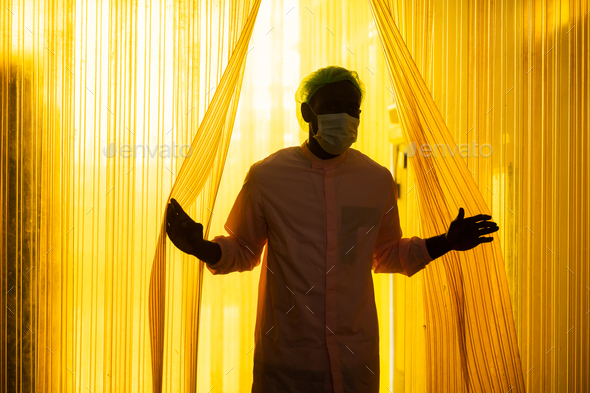 Mature old and weak man recovering from coronavirus wearing hospital ...