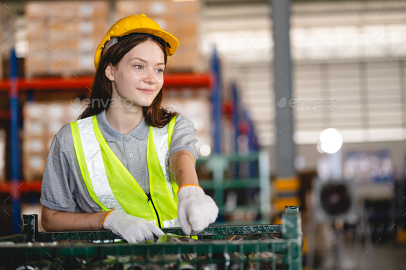 woman engineer inspection check control heavy machine robot arm ...