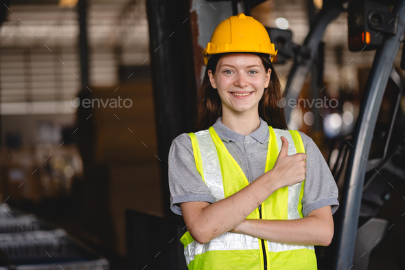 woman engineer inspection check control heavy machine robot arm ...
