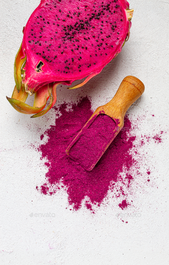 Pitaya powder , dragon fruit, freeze-dried powder , top view, no people ...