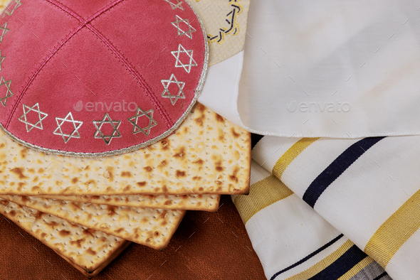Jewish traditional ritual with Passover unleavened bread Matzah Pesach ...