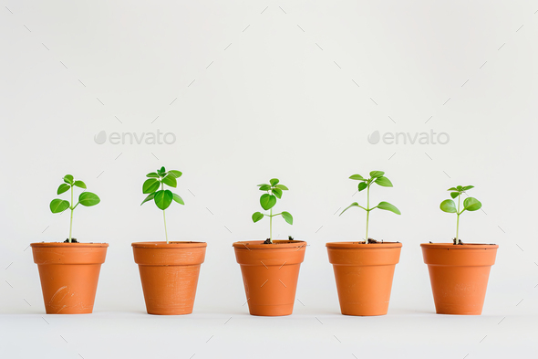 Progressive stages of plant growth in a line of terracotta pots Stock ...