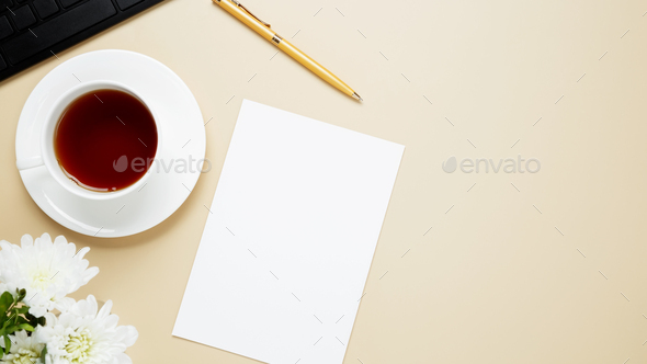 Creative flat lay mockup design of workspace. Flat lay office desk ...