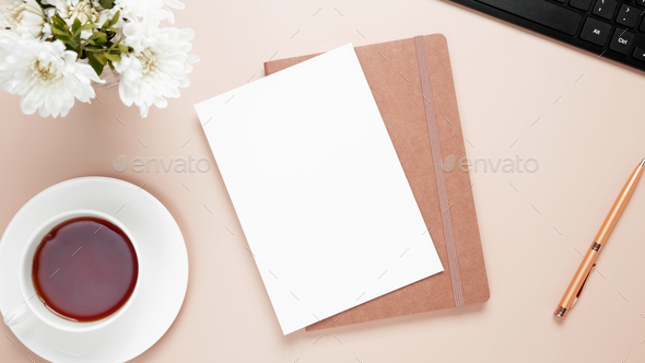 Creative flat lay mockup design of workspace. Flat lay office desk ...