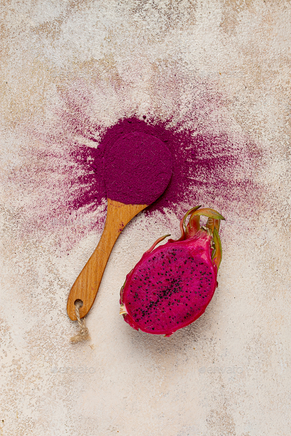 Pitaya powder , dragon fruit, freeze-dried powder , top view, no people ...