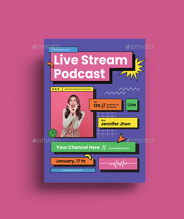 Purple Neo Brutalism Live Stream Podcast invitation Flyer, Print Templates