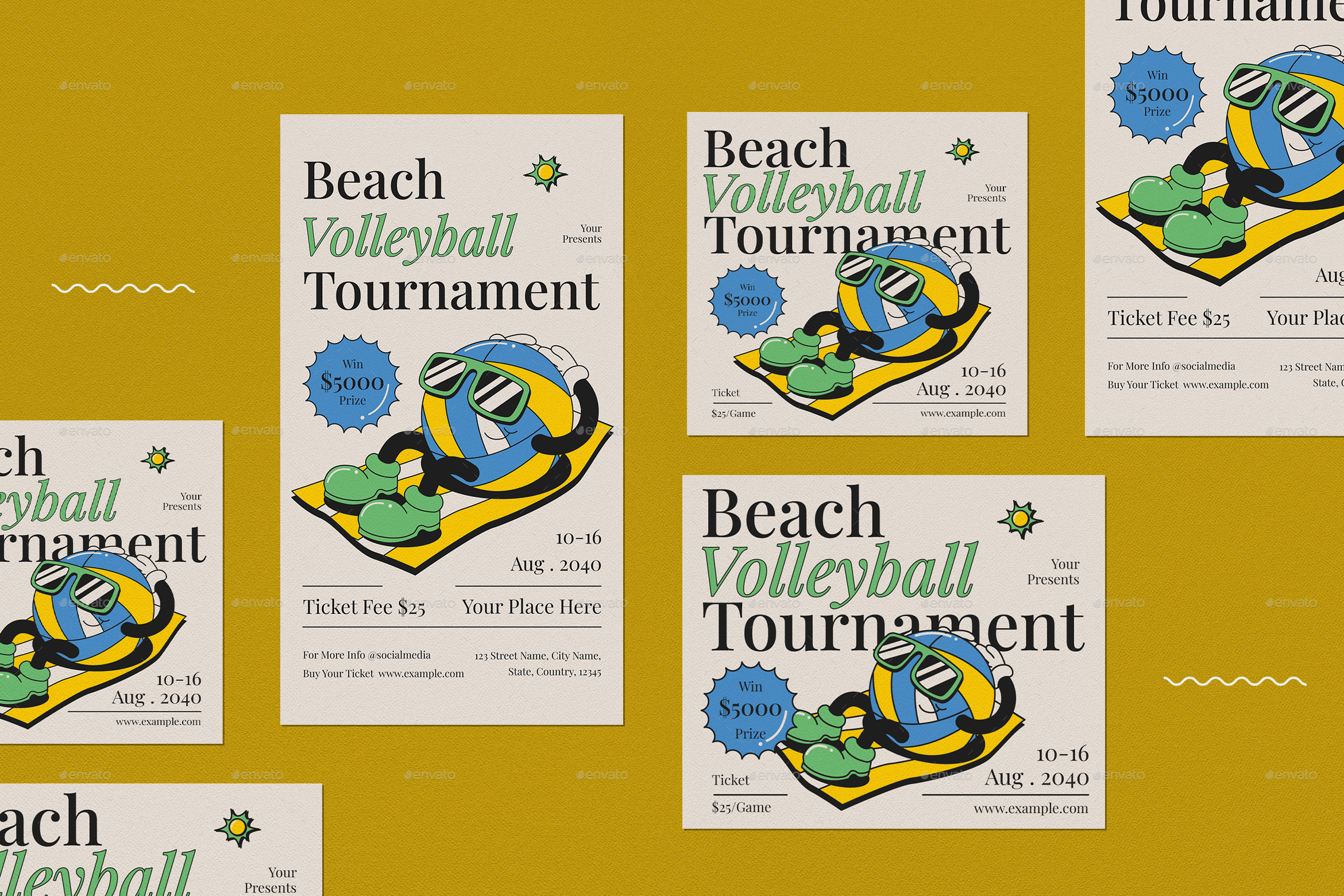 White Retro Beach Vollyball Tournament Flyer Set, Print Templates ...