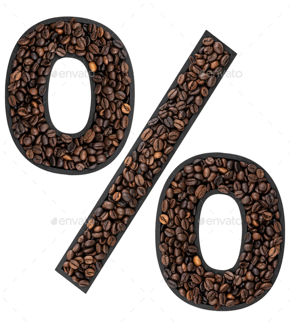 Percent sign made from roasted coffee beans on a white background ...