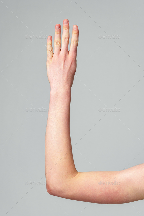 Extended Human Arm Against a Neutral Grey Background Demonstrating ...