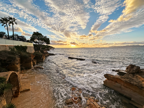 Colorful Yellow Blue Sunset Sky Over Seaside With Palm Trees ...