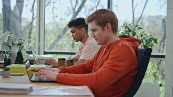 Diverse people working laptop open space closeup. Programmers team collaborating Stock Photo by ...