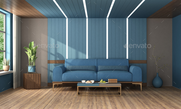 Contemporary living room design with led light, blue couch and sleek ...