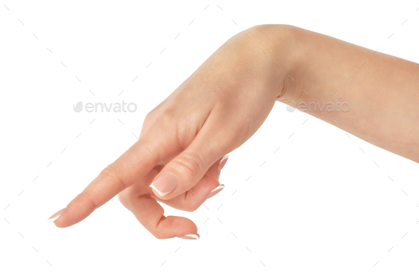 Female finger pointing or touching something. Isolated on white ...