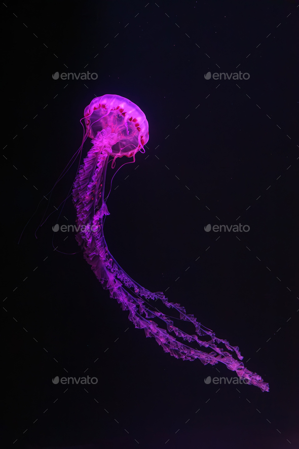 Purple Striped Jellyfish, Chrysaora Colorata Swimming In Dark Water Of ...