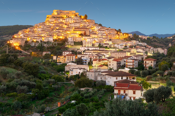 Rocca Imperiale, Italy hilltop town at night in the Calabria Region ...
