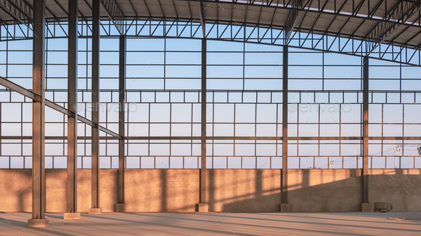 Steel wall framework structure with metal columns inside of factory ...