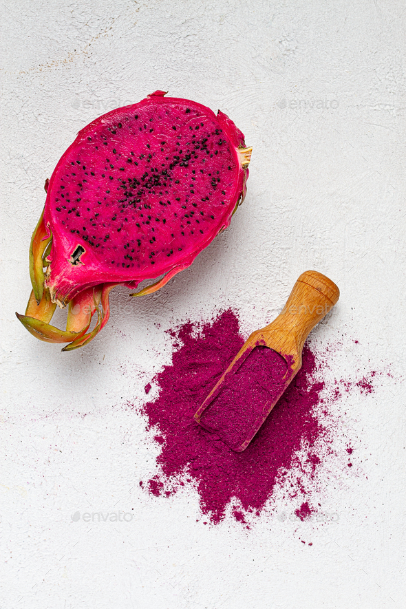 Pitaya powder , dragon fruit, freeze-dried powder , top view, no people ...