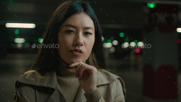 Close up thoughtful doubtful Asian woman ethnic chinese japanese girl ...