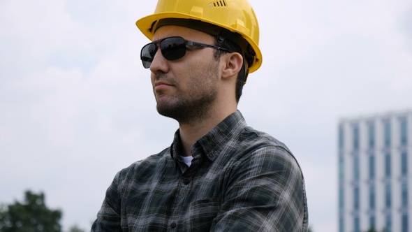 Constructor Builder, Foreman or Worker Wearing Shades, Stock Footage