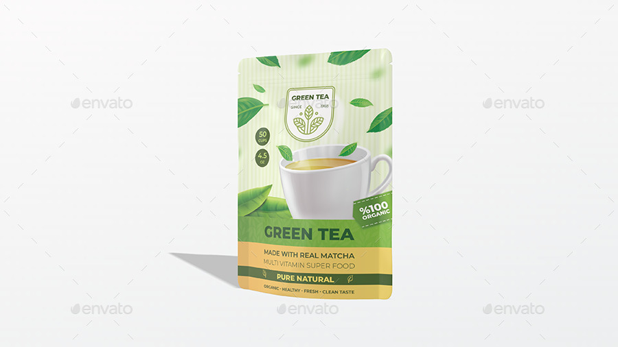 Green Tea Pouch Mylar Bag Template for Packaging, Print Templates ...