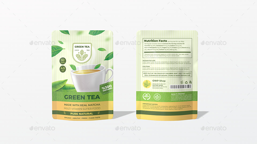 Green Tea Pouch Mylar Bag Template for Packaging, Print Templates ...
