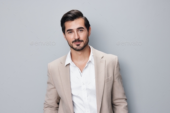 man portrait smiling happy businessman beige copyspace suit handsome ...