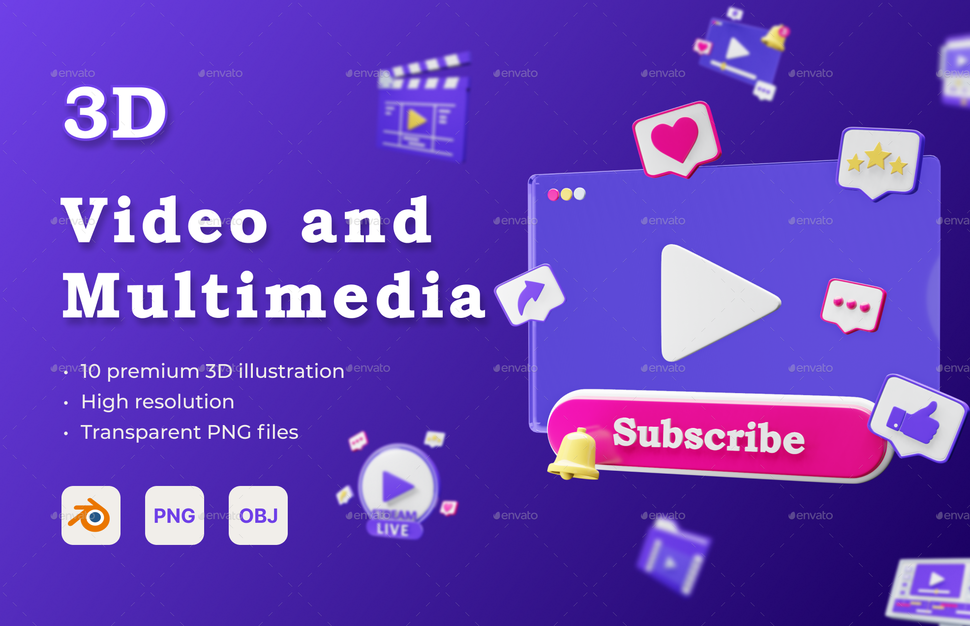 3D Video and Multimedia Icons Set, Icons | GraphicRiver