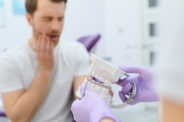 Woman dental doctor. dentist shows model of Jaws. Visual aid for ...