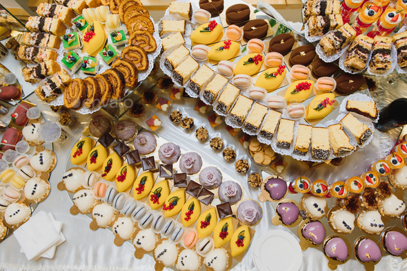 desserts with fruits, mousse, biscuits. Different types of sweet ...