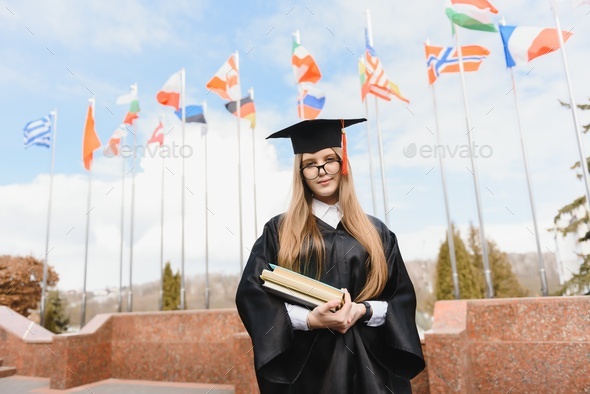 Educational theme: graduating student girl in an academic gown. Stock ...