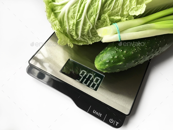 Green Food - Cabbage, Cucumber, Green Onion - on Metal Scale On White ...