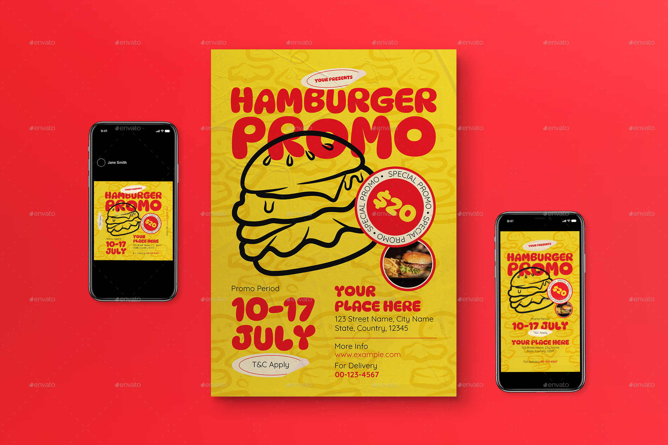Yellow Retro Hamburger Promo Flyer Set, Print Templates | GraphicRiver