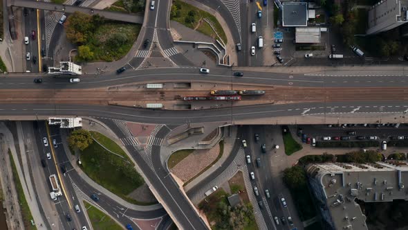 Aerial Birds Eye Overhead Top Down View of Traffic on Road Intersection ...
