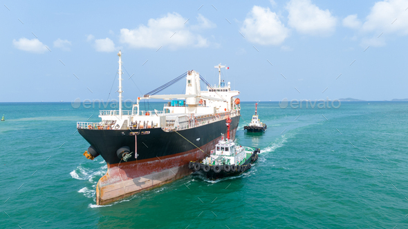 Cargo Container Ship was pulling by Tugboat. container ship import ...